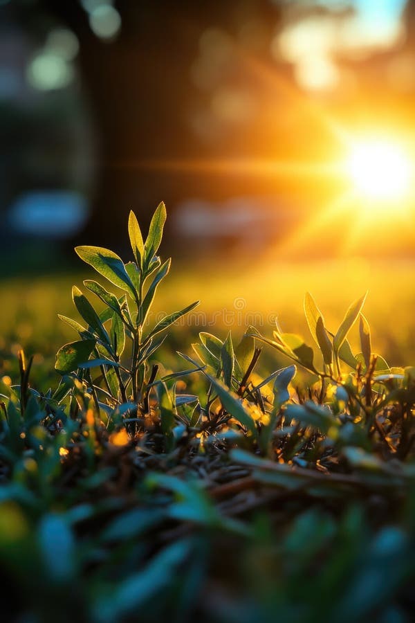 Sunset Glow on Green Leaves and Grass in Tranquil Nature Scene Stock ...
