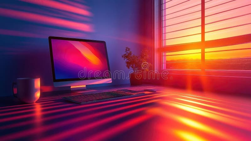 Sunset Illuminates Desk Computer Workspace Stock Photos - Free ...