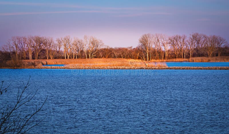 Sunset Glow on Island in Detroit River Stock Photo - Image of lakeshore ...