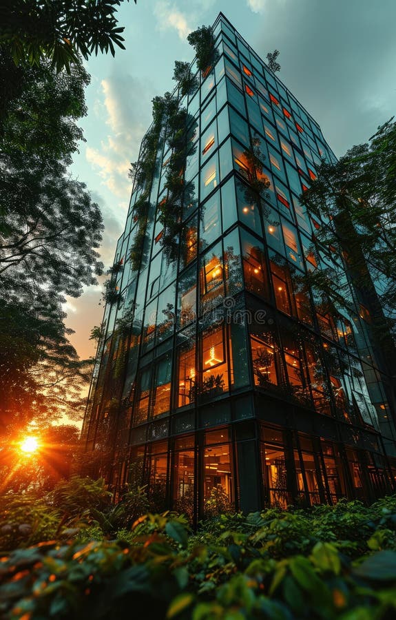 Sunset Glow on Modern Glass Building Stock Illustration - Illustration ...