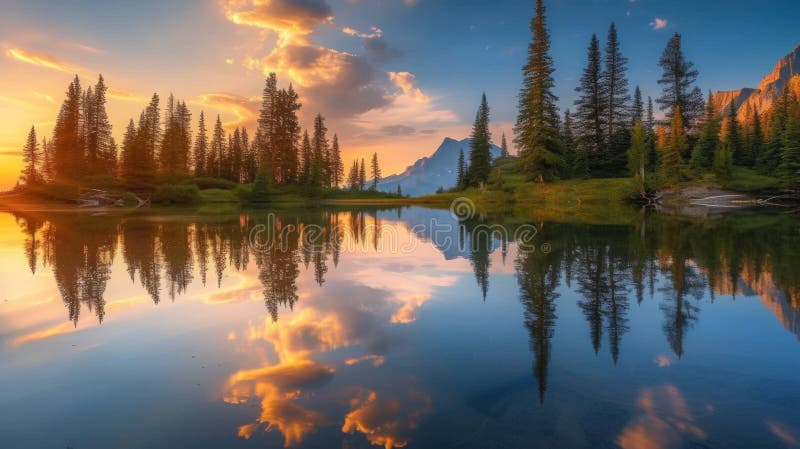 Sunset Glow on a Pristine Alpine Lake Surrounded by Pines Stock Photo ...