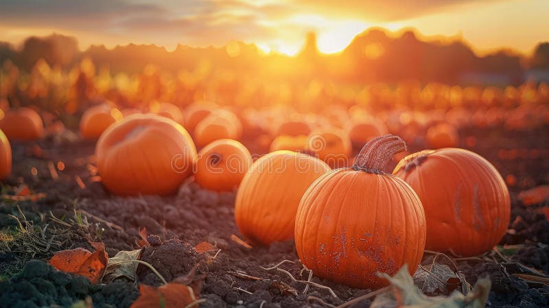 Sunset Glow in the Pumpkin Patch a Fall Harvest Scene Stock ...
