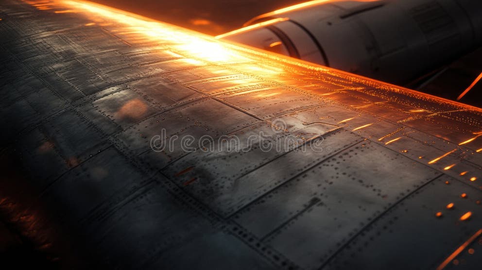 Sunset Glow Reflecting on Airplane Wing Highlighting Metallic Textures ...