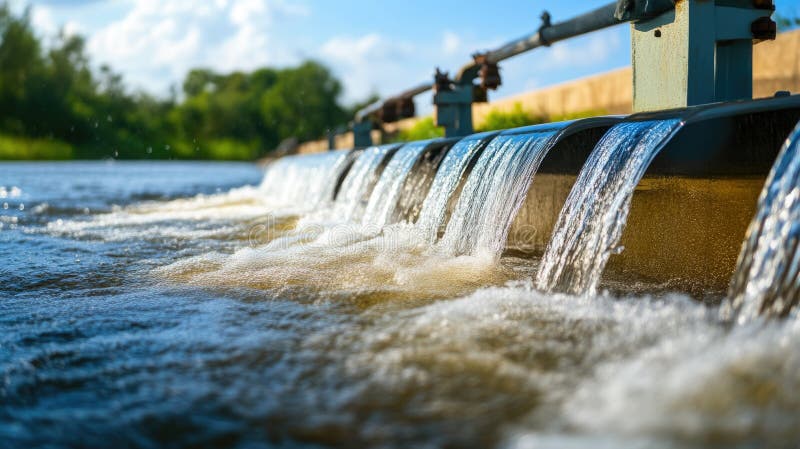 Sunset Glow Reflecting on Water Surging from Dam. Stock Illustration ...
