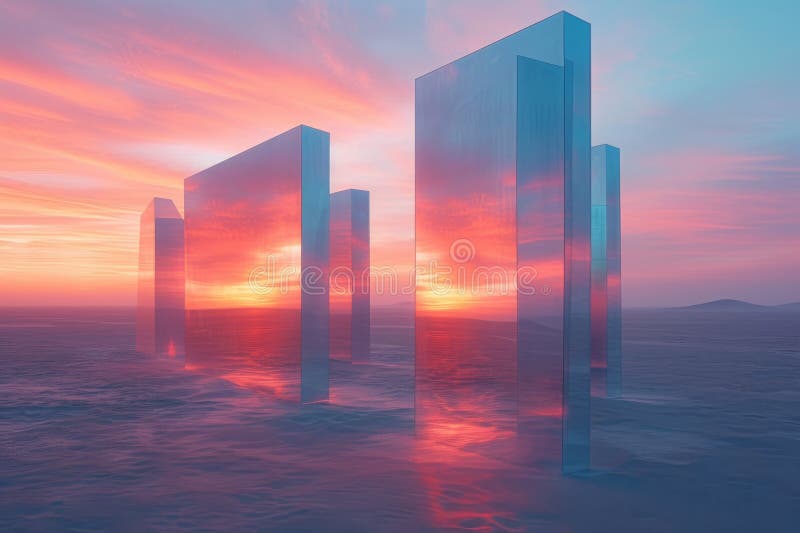 Sunset Glow on Reflective Monoliths at Ocean Edge Stock Illustration ...