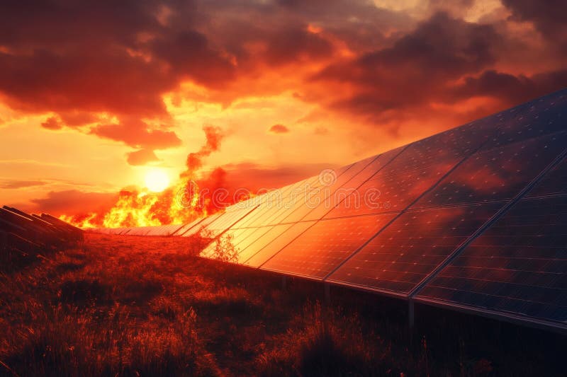 Sunset Glow on Solar Panels Casting an Orange Hue with a Backdrop of Intense Flames and Clouds ...