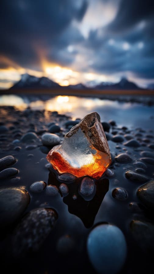 Sunset Glow through a Translucent Ice on a Pebble Beach Stock ...