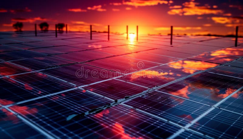 Sunset Glowing Solar Panel Generator Powers Sustainable Energy for ...