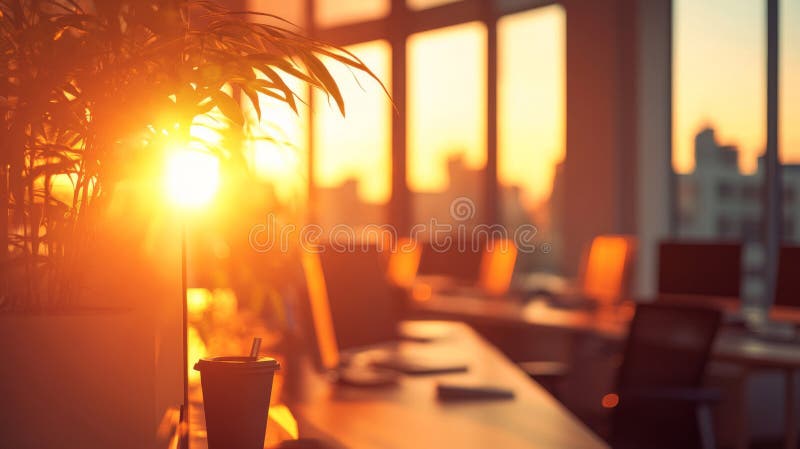 Sunset Glows Over Office Workspace with Plant and Drink Stock ...