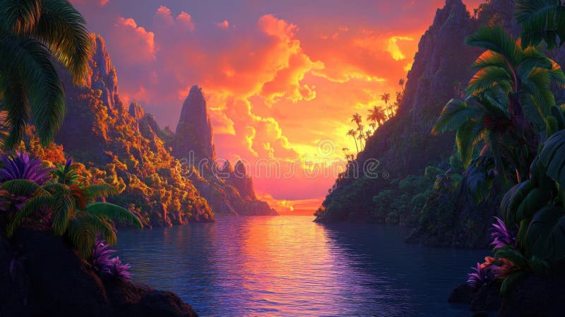 Sunset Glows Over Tropical Island, Creating a Vivid Paradise Island ...