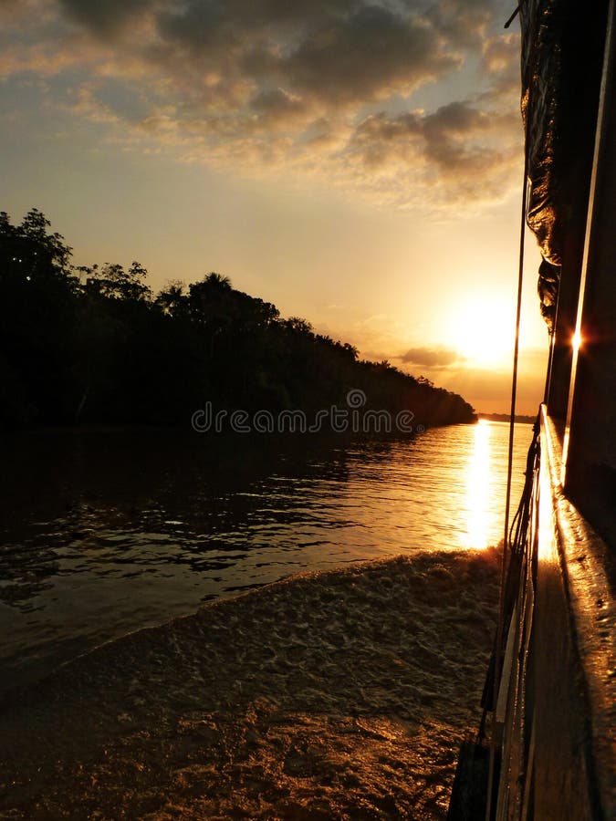 Sunset Going Up the Amazon River Stock Photo - Image of vertical, boat ...