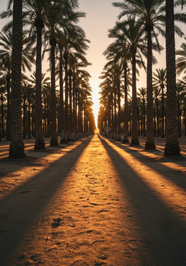 Sunset Golden Hour in a Palm Tree Grove Stock Illustration ...