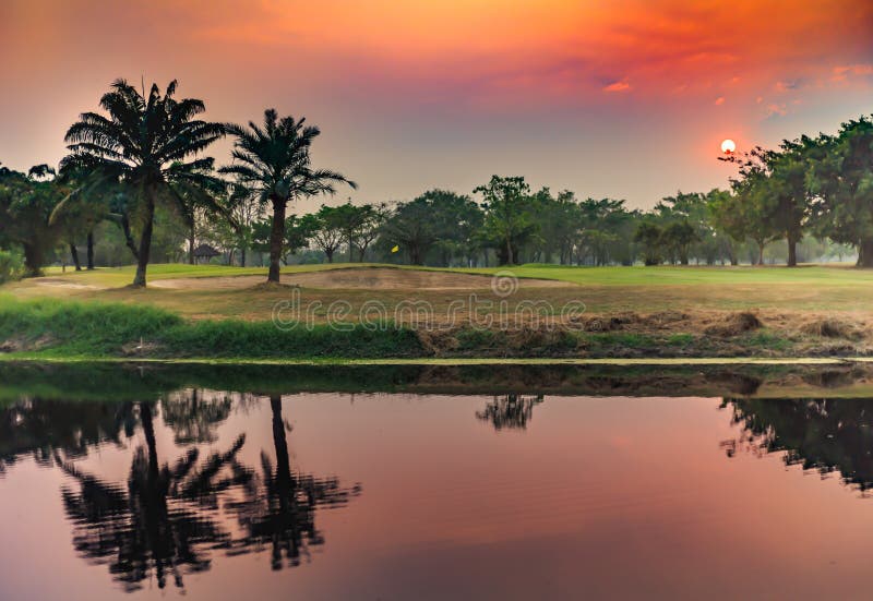 Sunset at the Golf Course Lake. Stock Image - Image of landscape ...