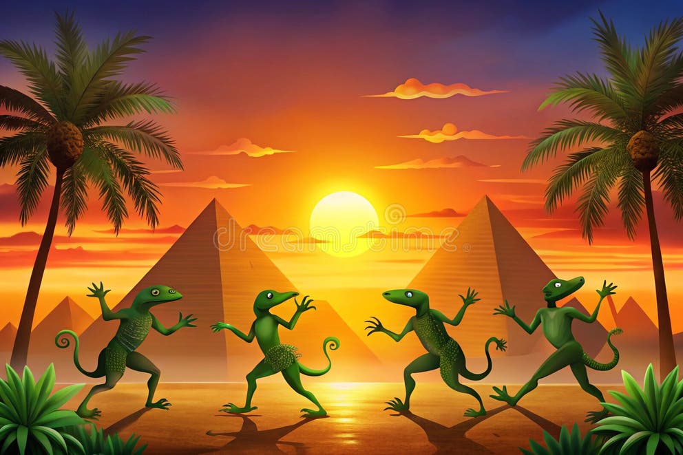 Sunset Gradient with Dancing Lizards and Cartoon Pyramids Stock ...