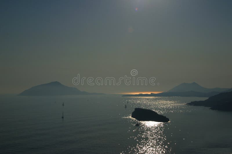 Sunset in Greece with Ocean and Greek Islands Stock Image - Image of ...