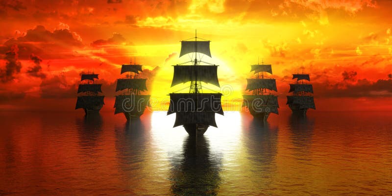 Sunset, Group of Ships Against the Setting Sun Stock Illustration ...
