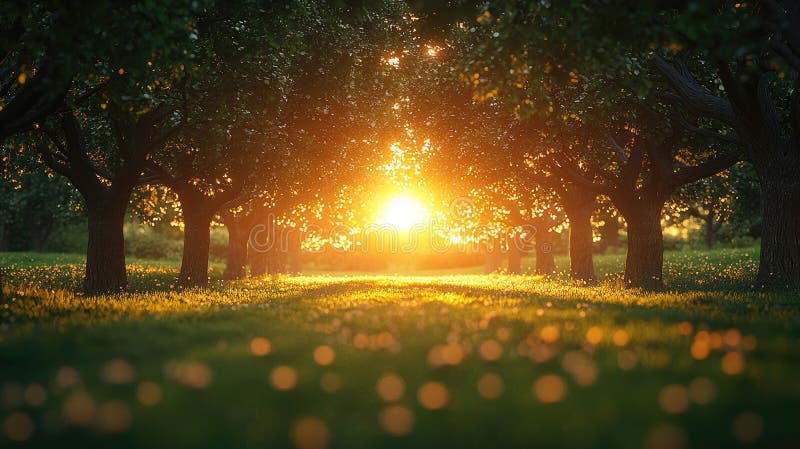 Sunset through a Grove of Trees Sunbeams Streaming through the Leaves ...