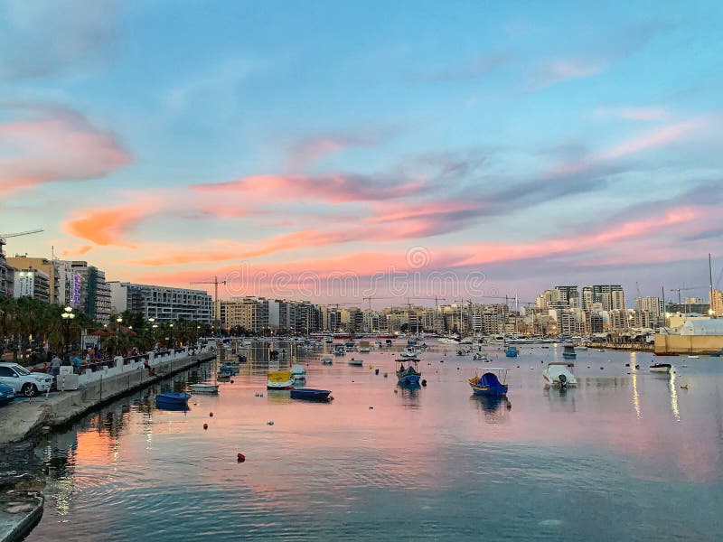 Sunset on Gzira Waterfront editorial photography. Image of gzira ...