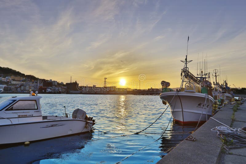 Sunset at Hakodate Bay in the Port Editorial Photography - Image of ...