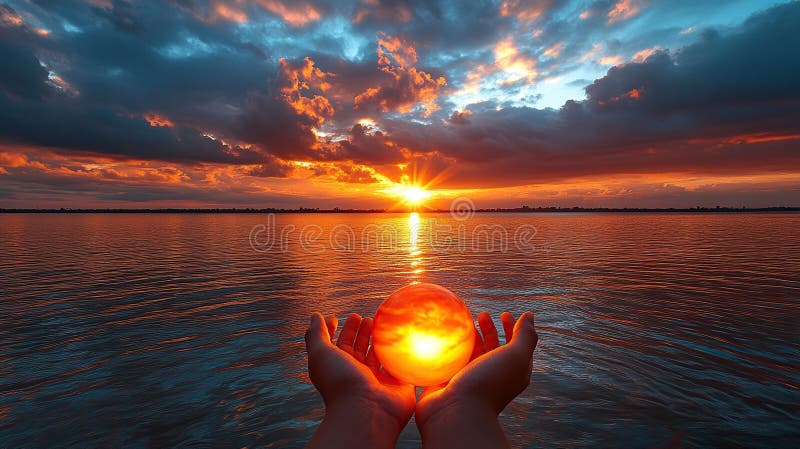 Sunset Hands Holding Globe, River Background, Hope Concept Stock ...