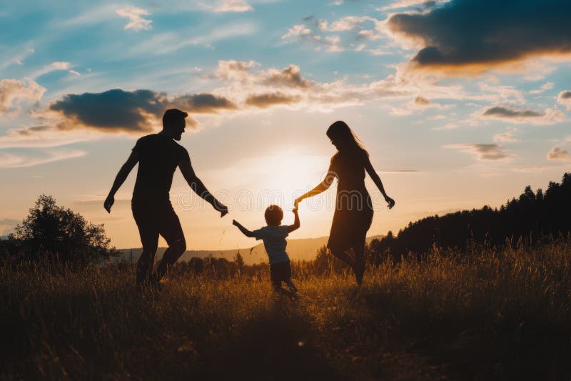 Sunset with a Happy Family Together. Stock Image - Image of outdoors ...