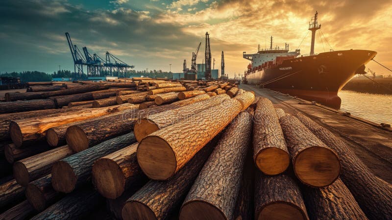 Sunset Harbor with Cargo Ship and Timber Logs at Busy Port Dock Stock ...