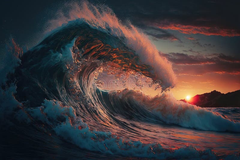 At Sunset, a Harsh, Colorful Ocean Wave Breaks Stock Illustration ...