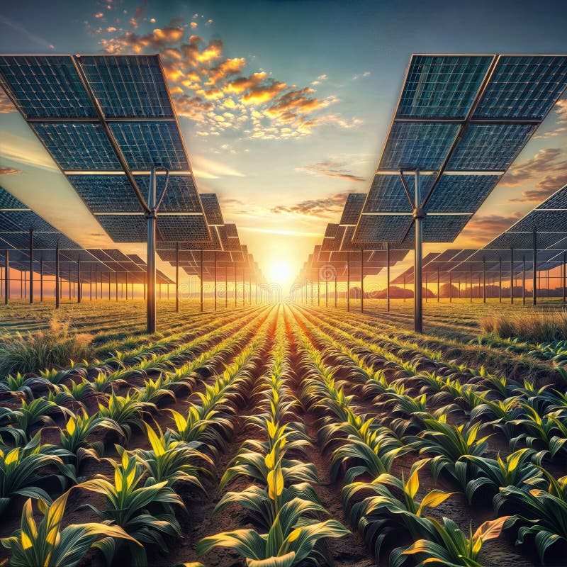 Sunset Harvest: Solar Panels in Cornfield with Setting Sun, Generative ...