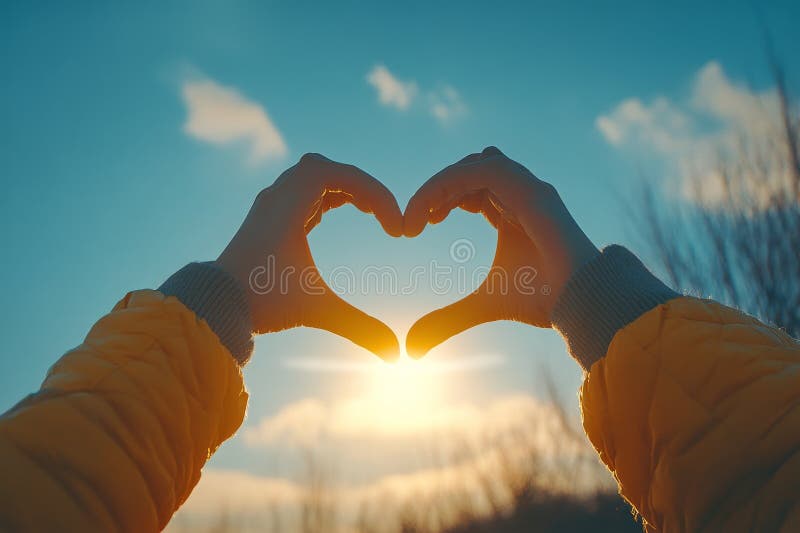 Sunset Heart Gesture with Hands in a Winter Setting Showcasing Warmth ...