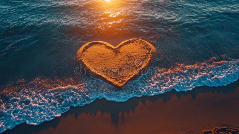 Sunset Heart Shaped Sand Art on Beach Stock Illustration - Illustration ...