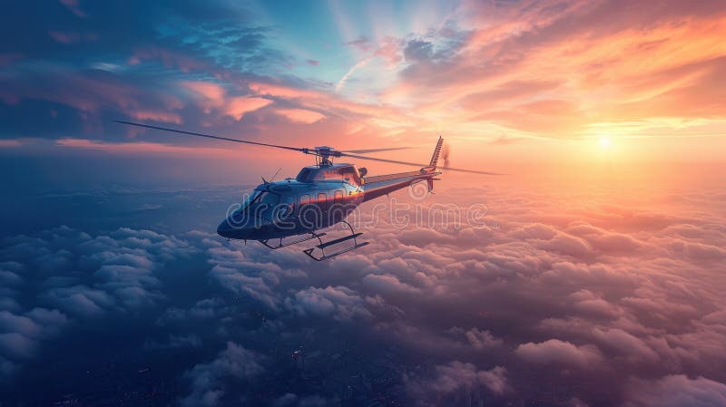 At Sunset, the Helicopter Flies Over the Clouds. Night Helicopter ...