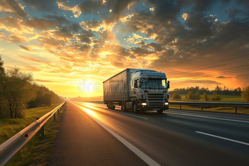 Sunset Highway Big Rig Truck In Motion Wallpaper And Design Generative Ai Stock Illustration