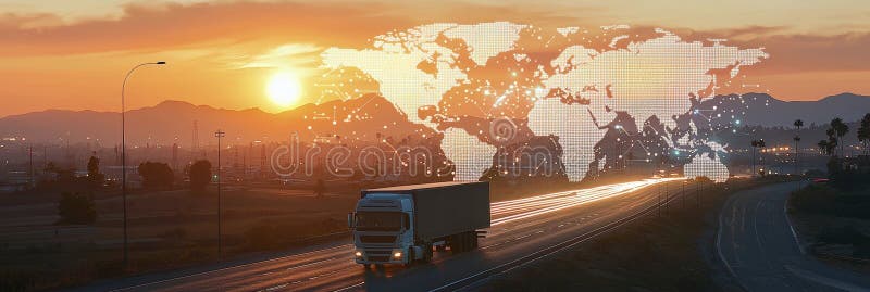 Sunset Highway with Digital Map and Truck Stock Illustration ...