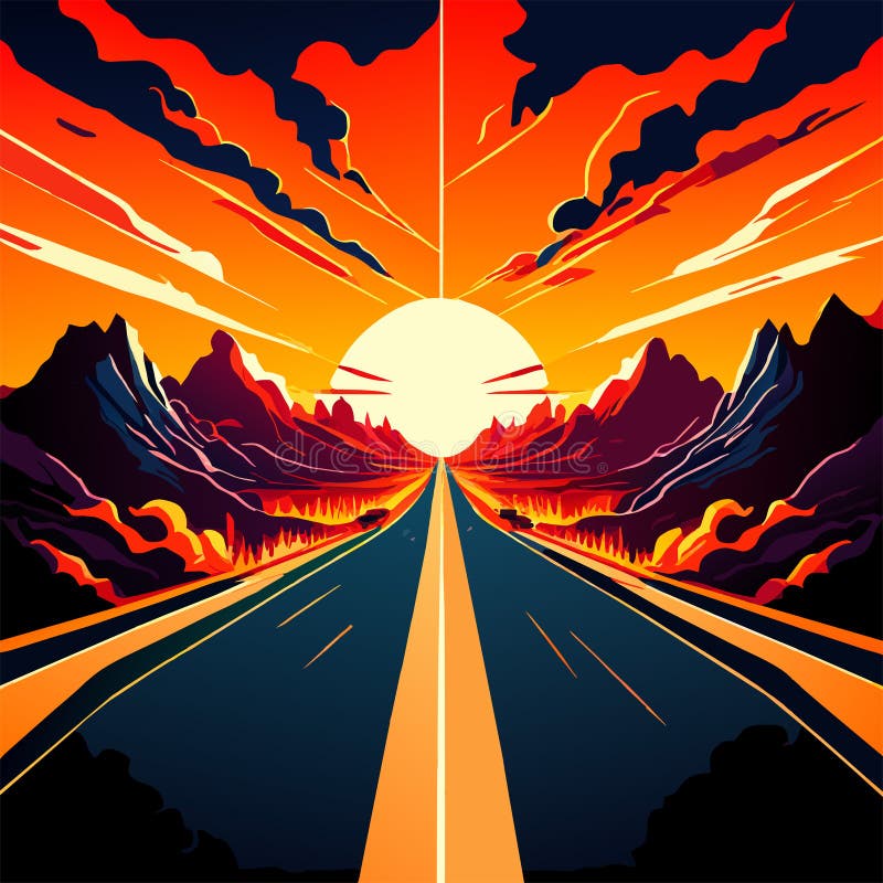 Sunset on the Highway. Vector Illustration of the Road in the Mountains ...