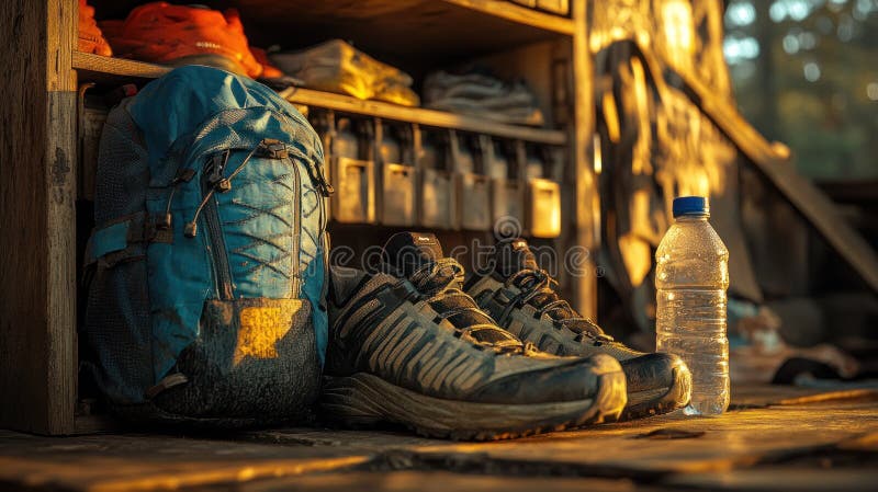 Sunset Hike Gear Backpack, Shoes, Water Stock Illustration ...