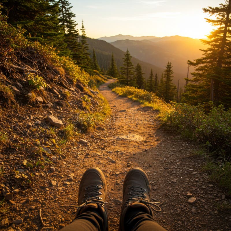 Sunset Hike: Mountain Trail View from Boots Stock Illustration ...