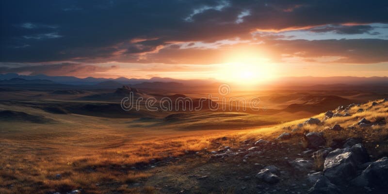 Sunset on Rock Hill Orange Sunlight Sky Copy Space Blurred Background ...