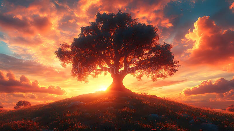 Sunset Hilltop Oak Tree Silhouette, Dramatic Sky, Nature Scene Stock ...