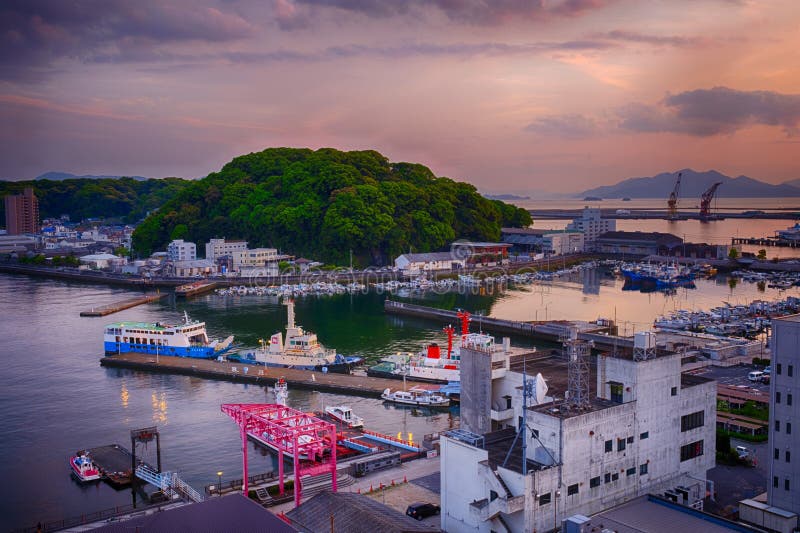 Sunset on Hiroshima port editorial stock image. Image of crane - 92012129
