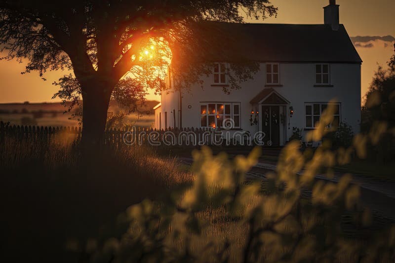 Sunset Home Countryside stock illustration. Illustration of house ...