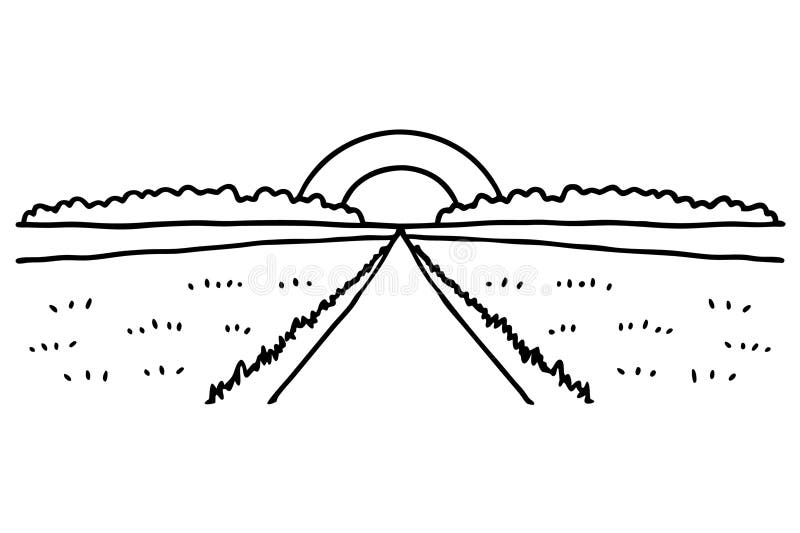 Sunset Horizon Over Fields with Pathway, Simple Nature Landscape Line ...