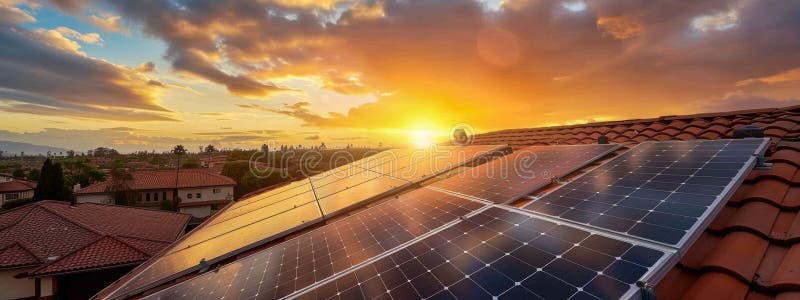 Sunset Horizon Over Solar Panel Rooftop. Generative Ai Stock ...
