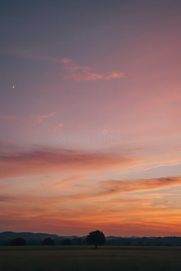 A Sunset at the Horizon with a Silhouette of a Lonely Tree Stock Photo ...