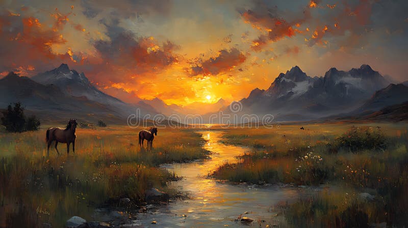 Sunset Horses Meadow River Mountains Landscape Art Stock Illustration ...