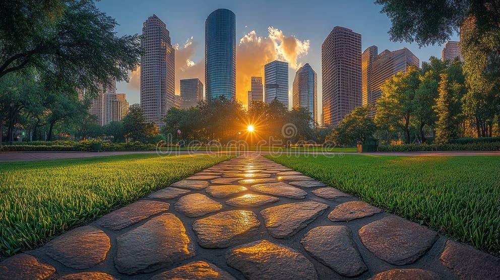 Sunset Houston Skyline Park Path Stock Illustration - Illustration of ...