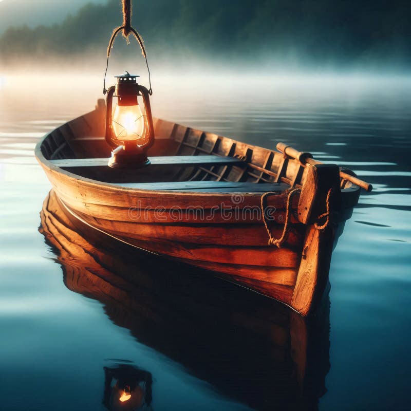 Sunset Hues Bathe a Serene Lake with a Lone Boat, Lit Lantern Aboard ...