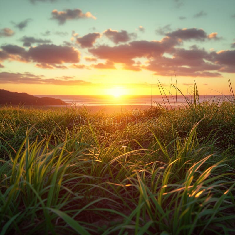 Sunset Hues Transform a Green Grass Scene into a Tranquil Setting Stock ...