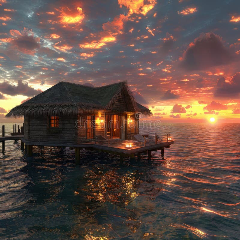 Sunset Hut on Water stock image. Image of view, nature - 322666667