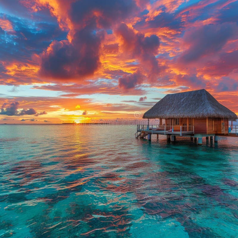 Sunset Hut on Water stock image. Image of oceanic, duskiness - 322669803