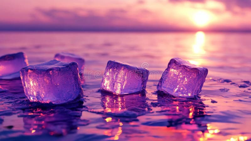 Sunset with Ice Cubes on Water Surface, Serene Twilight Effect. Nature ...